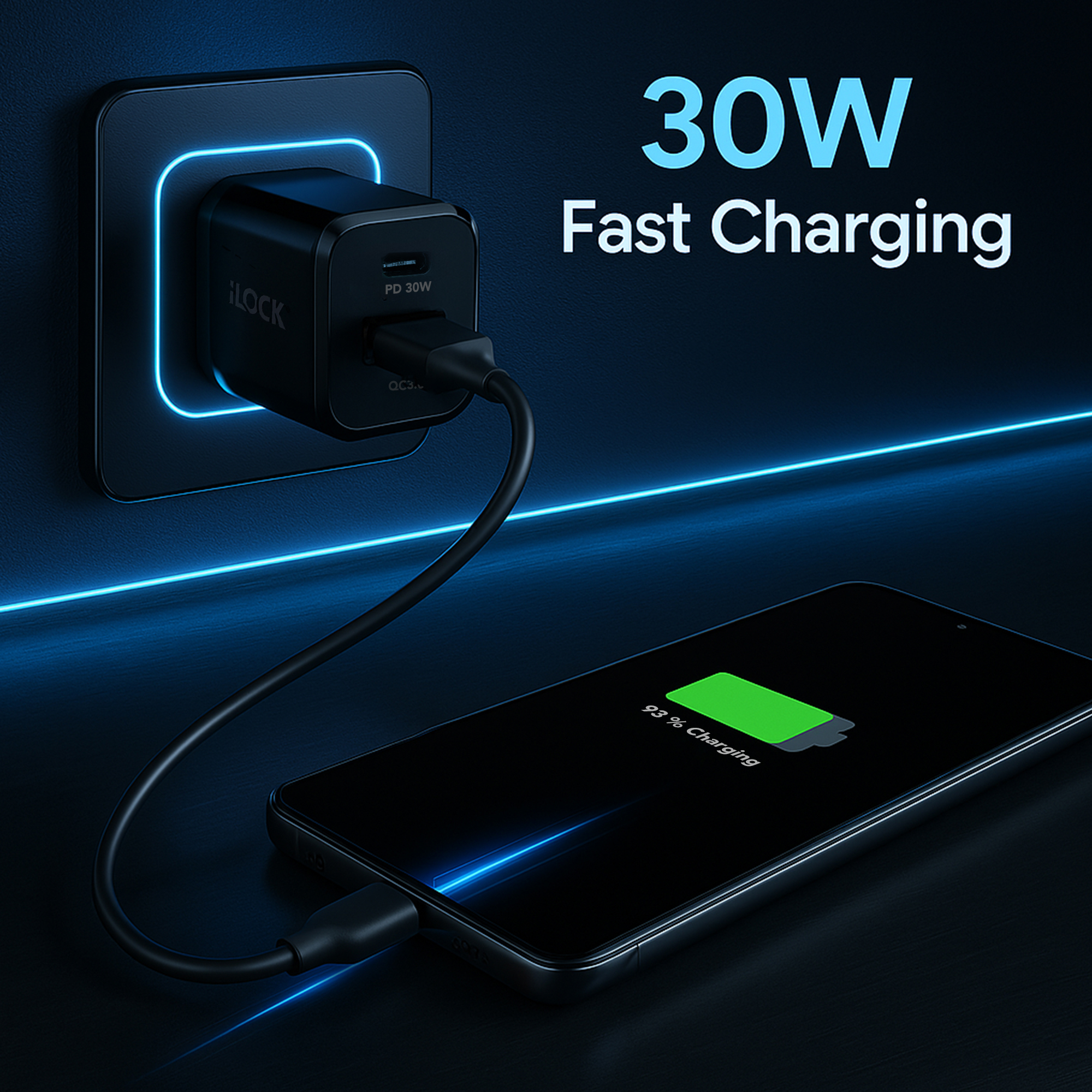 Wall Fast Charger 30W Dual Port (USB-A & USB-C) | QC 3.0 – iLock
